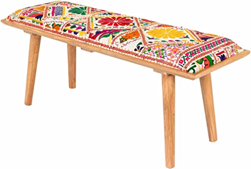 Hauteloom Dilkon Upholstered Entryway Bedroom Bench - Patchwork Style - Foot Stool - Red, Yellow, Green, Colorful - 18" x 45" x 15"