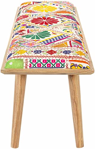 Hauteloom Dilkon Upholstered Entryway Bedroom Bench - Patchwork Style - Foot Stool - Red, Yellow, Green, Colorful - 18" x 45" x 15"