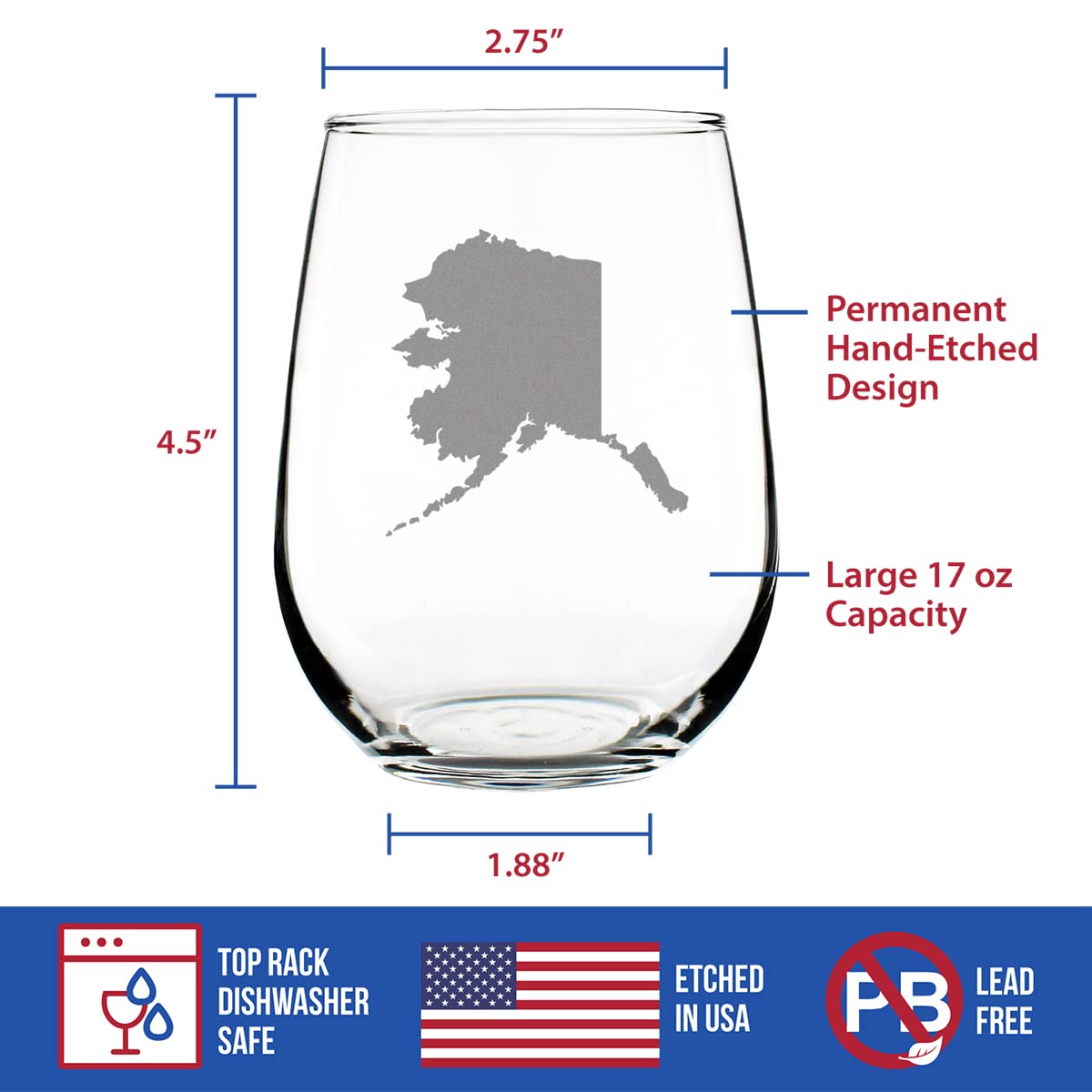 Alaska State Outline Stemless Wine Glass - State Themed Drinking Decor and Gifts for Alaskan Women & Men - Large 17 Oz Glasses