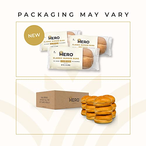 Hero Classic Hamburger Buns - Delicious Burger Buns | Net Low Carb Buns | High Fiber, 0g Net Carbs, 0g Sugar & 90 Calories Per Serving Burger Rolls (12 Buns, Pack of 3)