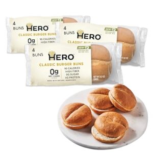 hero classic hamburger buns - delicious burger buns | net low carb buns | high fiber, 0g net carbs, 0g sugar & 90 calories per serving burger rolls (12 buns, pack of 3)