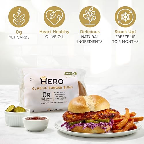 Hero Classic Hamburger Buns - Delicious Burger Buns | Net Low Carb Buns | High Fiber, 0g Net Carbs, 0g Sugar & 90 Calories Per Serving Burger Rolls (12 Buns, Pack of 3)