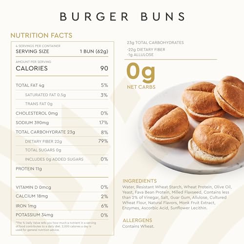 Hero Classic Hamburger Buns - Delicious Burger Buns | Net Low Carb Buns | High Fiber, 0g Net Carbs, 0g Sugar & 90 Calories Per Serving Burger Rolls (12 Buns, Pack of 3)