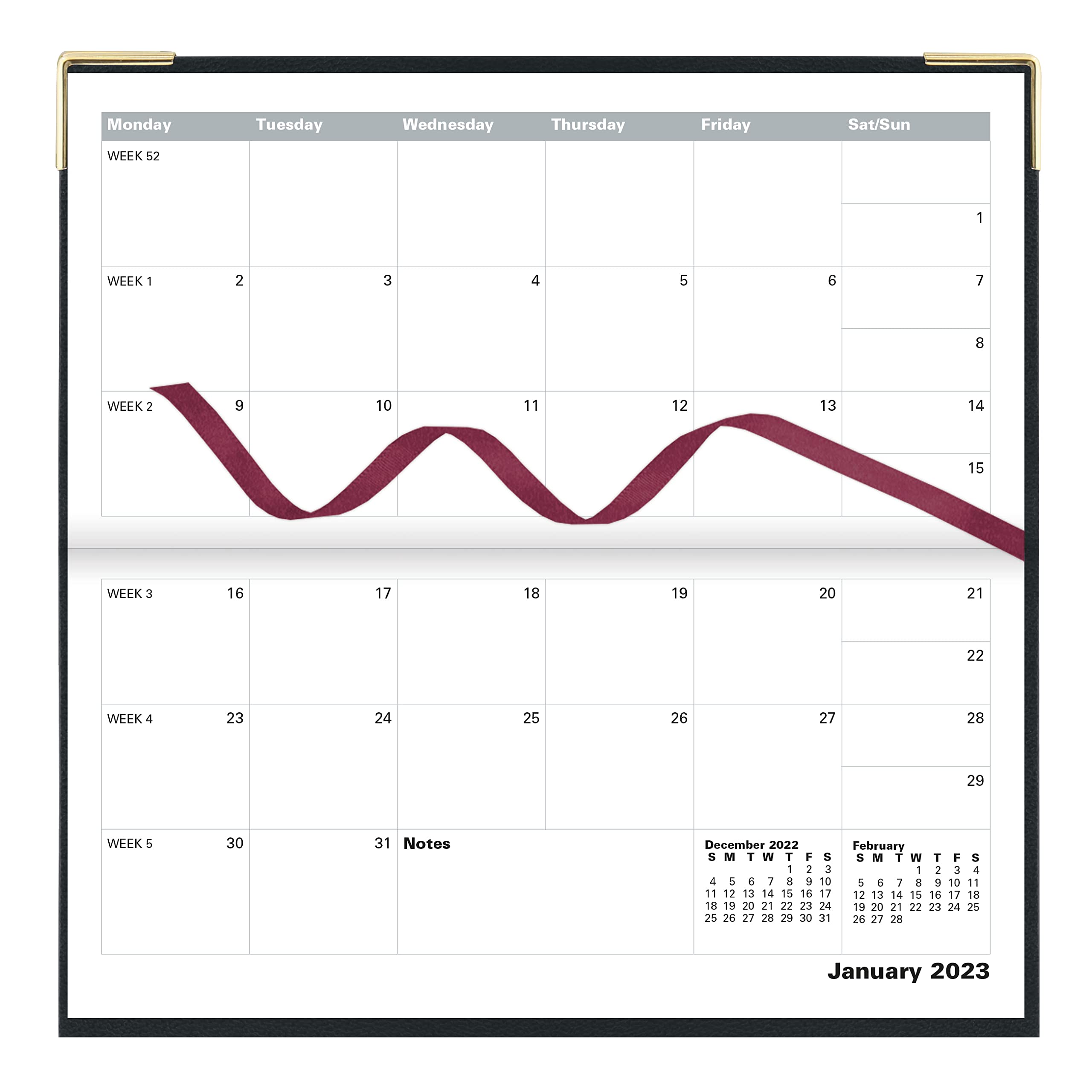 Letts Roma Monthly Planner, Slim Size, 13 Months, January 2023 to January 2024, Month-to-View, Horizontal, Gold Corners, 6.625" x 3.25", Black (C13SBK-23)