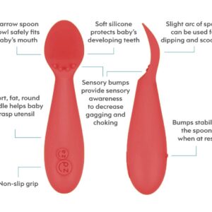 ezpz Tiny Collection Set (Coral) - 100% Silicone Cup, Spoon & Bowl with Built-in Placemat for First Foods + Baby Led Weaning + Purees - Designed by a Pediatric Feeding Specialist - 6 Months+