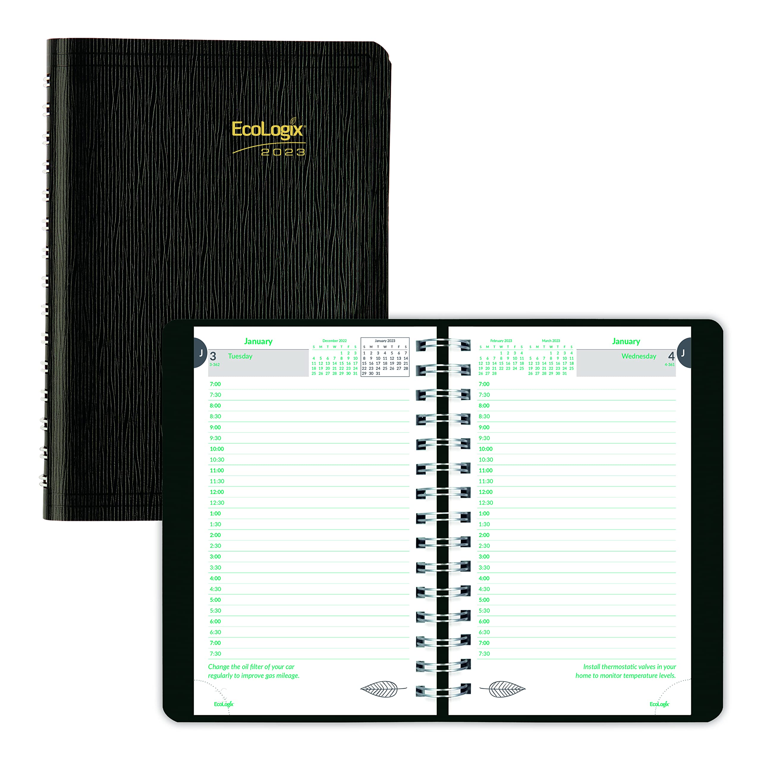 Brownline 2023 EcoLogix Daily Planner, Appointment Book, 12 Months, January to December, Twin-Wire Binding, 8" x 5", Black, Recycled (CB410W.BLK-23)