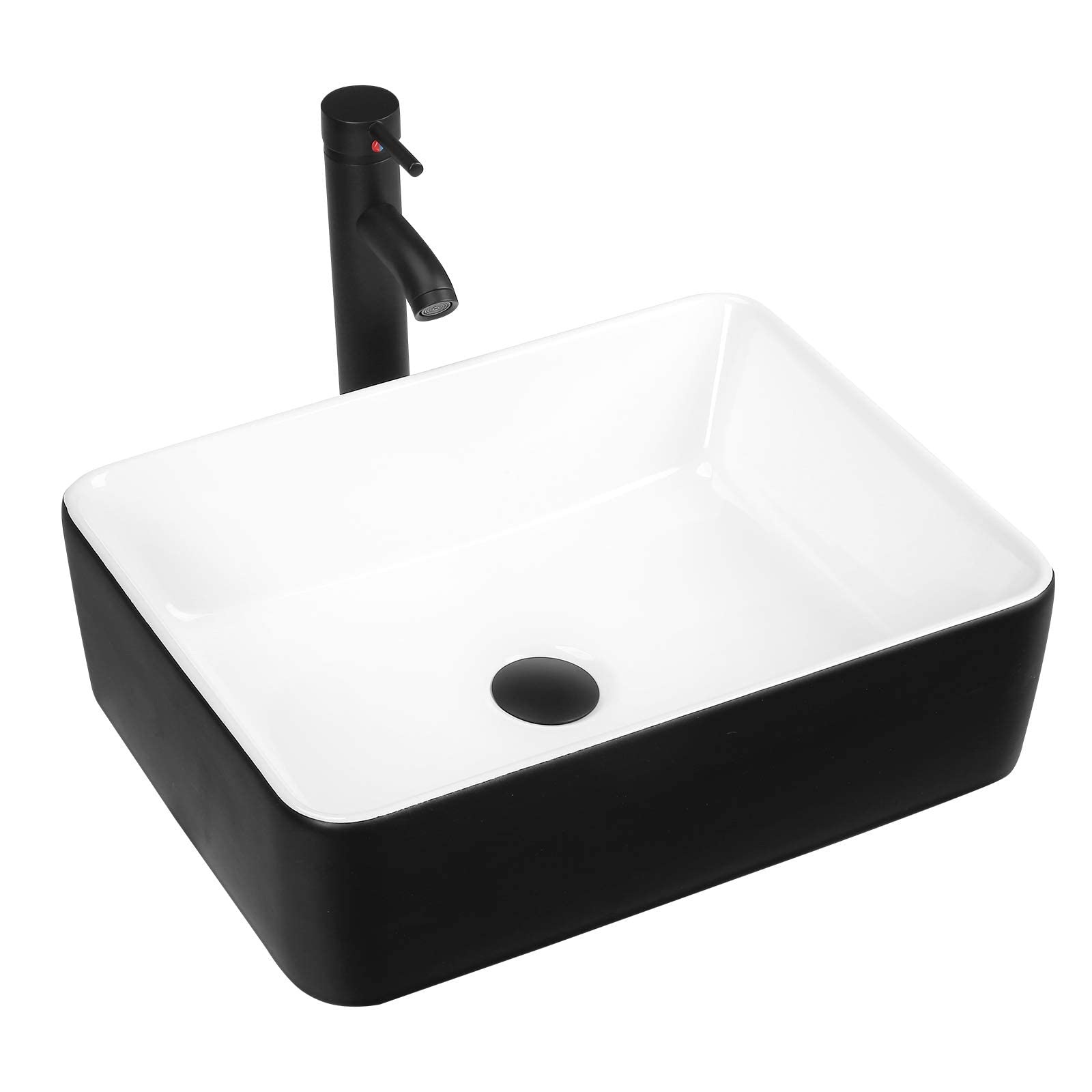 KGAR Rectangular Bathroom Sink, 19" x 15" Above Counter Porcelain Ceramic Vessel Sink with Faucet and Pop up Drain Combo,Black and White