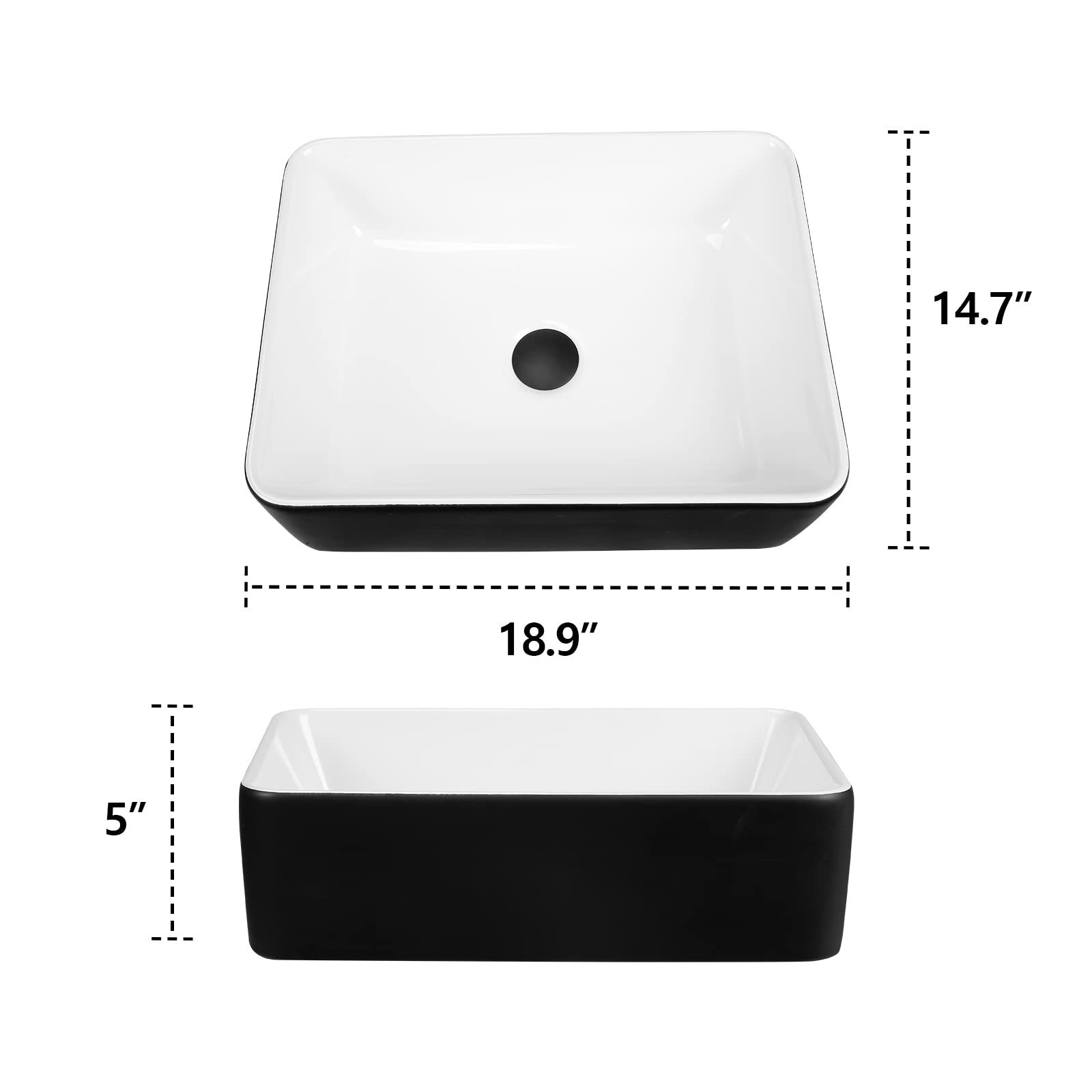 KGAR Rectangular Bathroom Sink, 19" x 15" Above Counter Porcelain Ceramic Vessel Sink with Faucet and Pop up Drain Combo,Black and White