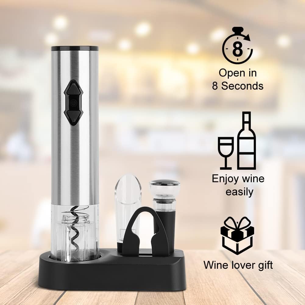 CIRCLE JOY 5-in-1 Electric Wine Opener Gift Set Stainless Steel Electric Wine Bottle Opener Battery Operated Corkscrew with Foil Cutter, Wine Pour, Wine Stopper and Storage Base, Silver