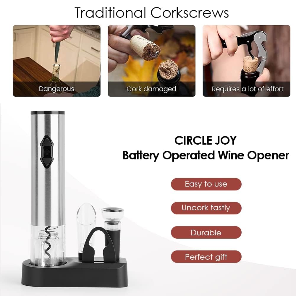 CIRCLE JOY 5-in-1 Electric Wine Opener Gift Set Stainless Steel Electric Wine Bottle Opener Battery Operated Corkscrew with Foil Cutter, Wine Pour, Wine Stopper and Storage Base, Silver