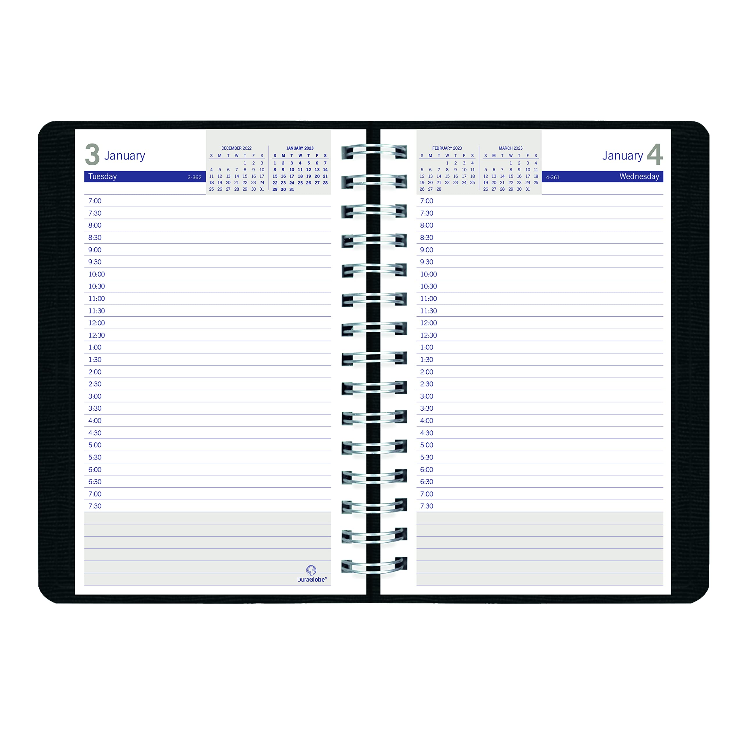 Blueline DuraGlobe Daily Planner, 30-Minute Appointments, 8 x 5, Black Soft Cover, 12-Month (Jan to Dec): 2023