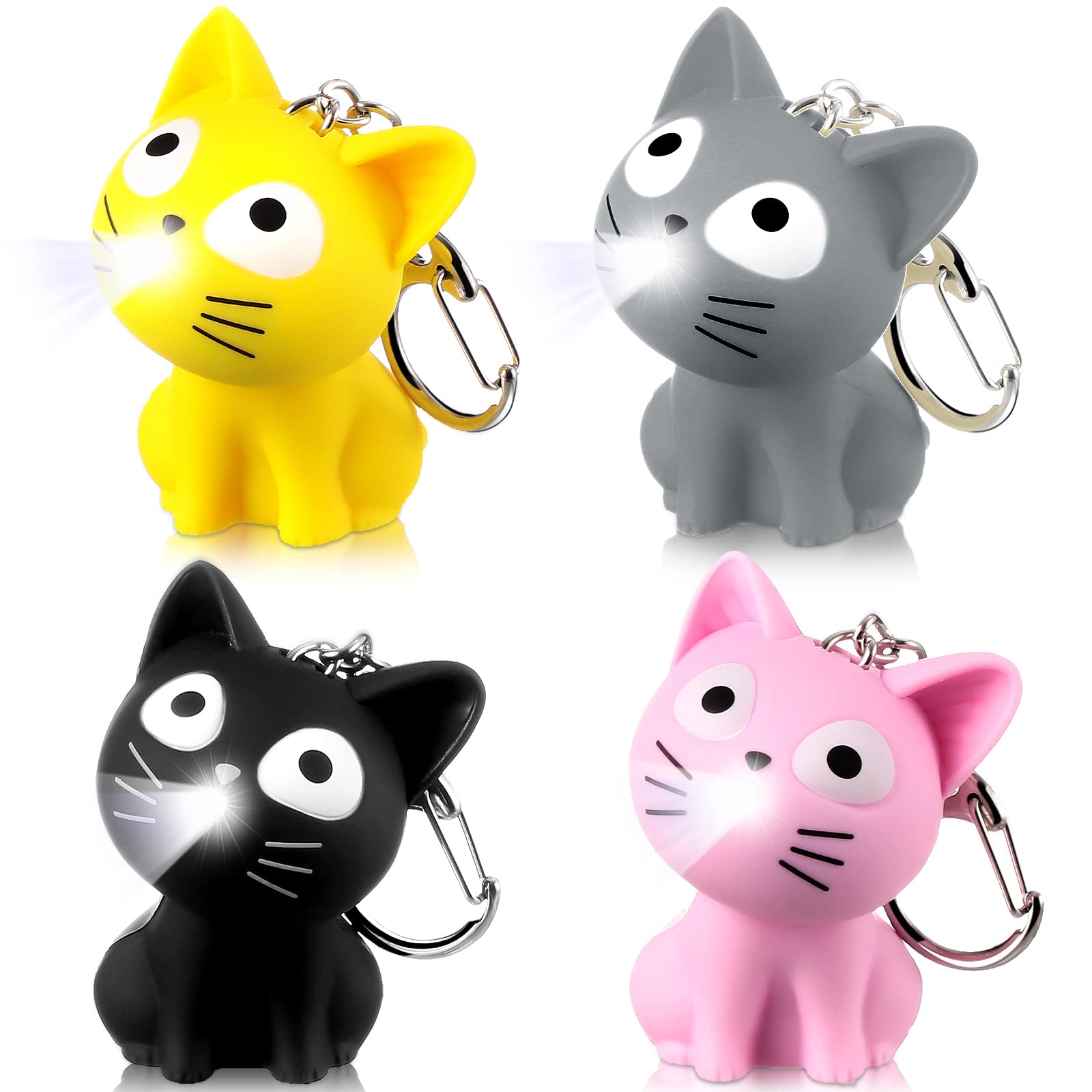 4 Pieces Nurse Animal Flashlight Keychain Cat Flashlight Keychain Pediatric Nurse LED Cute Kitty Plastic Gray Black Yellow Pink Cat Flashlight Keychain for Nurses Badge Reel