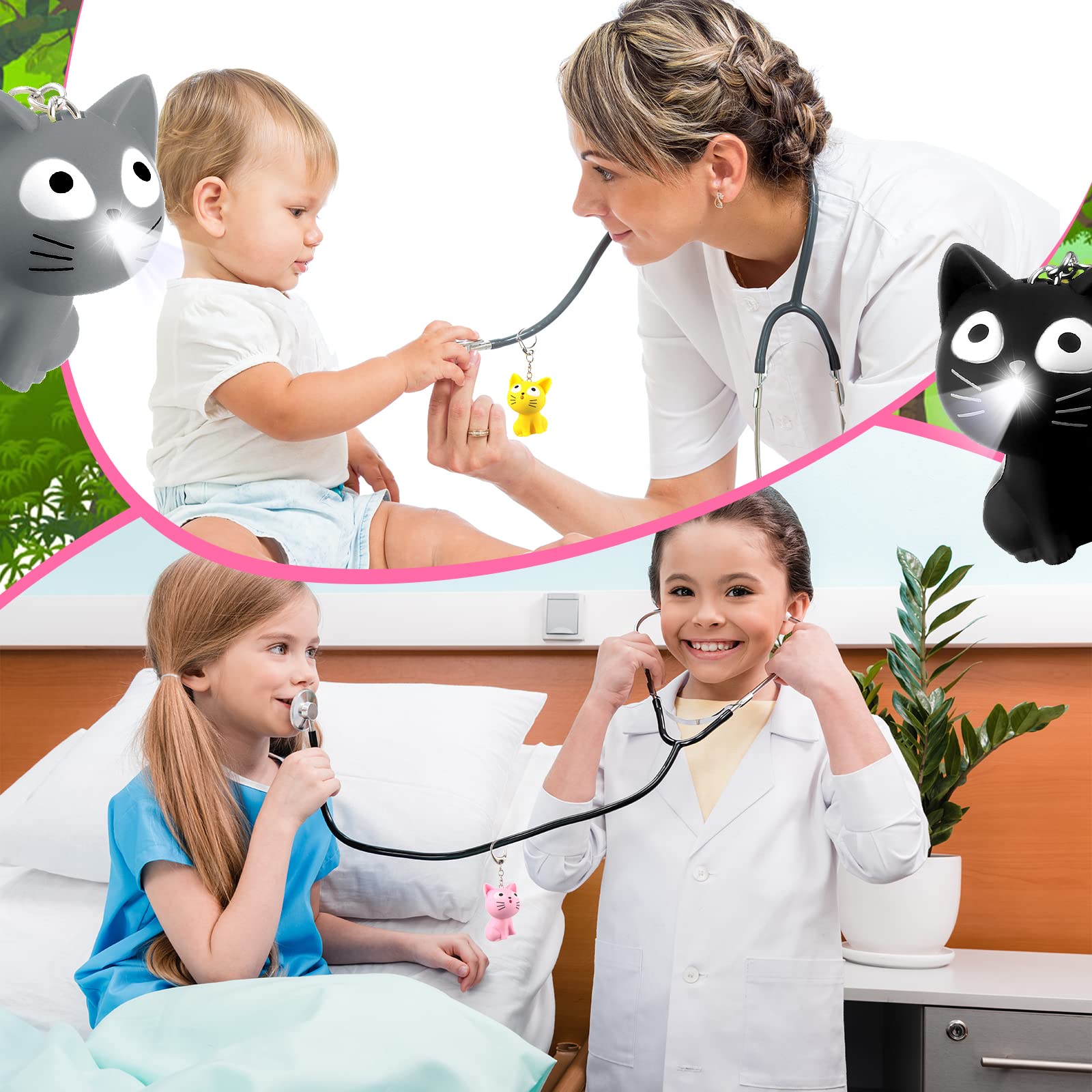 4 Pieces Nurse Animal Flashlight Keychain Cat Flashlight Keychain Pediatric Nurse LED Cute Kitty Plastic Gray Black Yellow Pink Cat Flashlight Keychain for Nurses Badge Reel