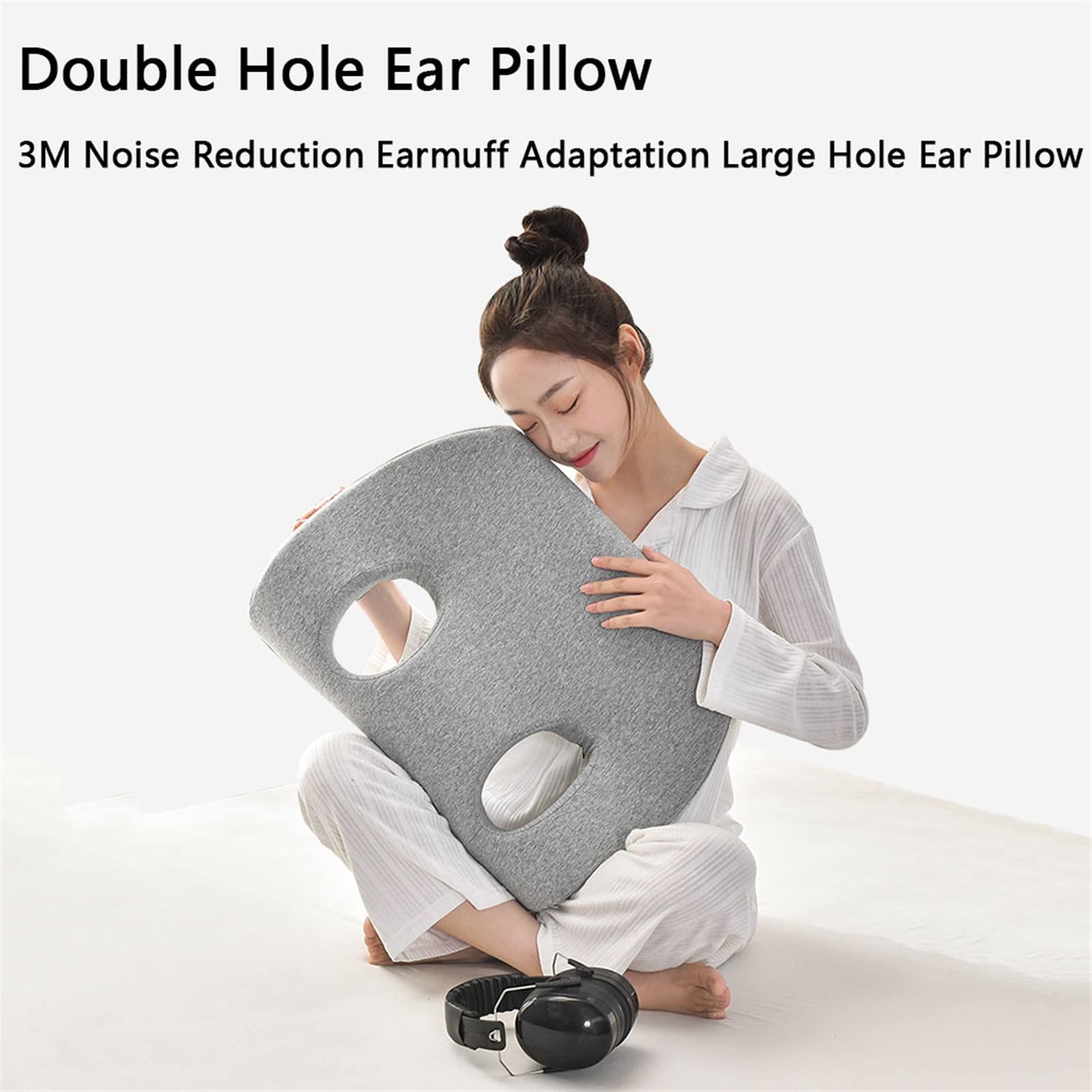 QCLUEU Pillow with Double Ear Hole, Piercing Pillow for Side Sleeper, Memory Foam Pillow for Ear Pain Relief, Comfortable Side Sleeping Pillow Adaptation Noise Reduction Headphones Earmuff