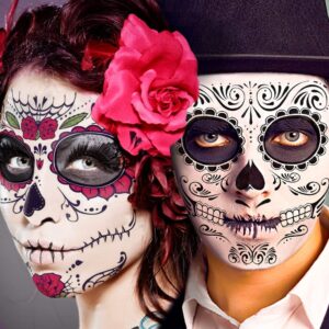 day of the dead face tattoos - 10 sheet halloween temporary tattoos face sticker kit día de los muertos glitter red roses skeleton sugar skull fake tattoo for halloween makeup on face body men women