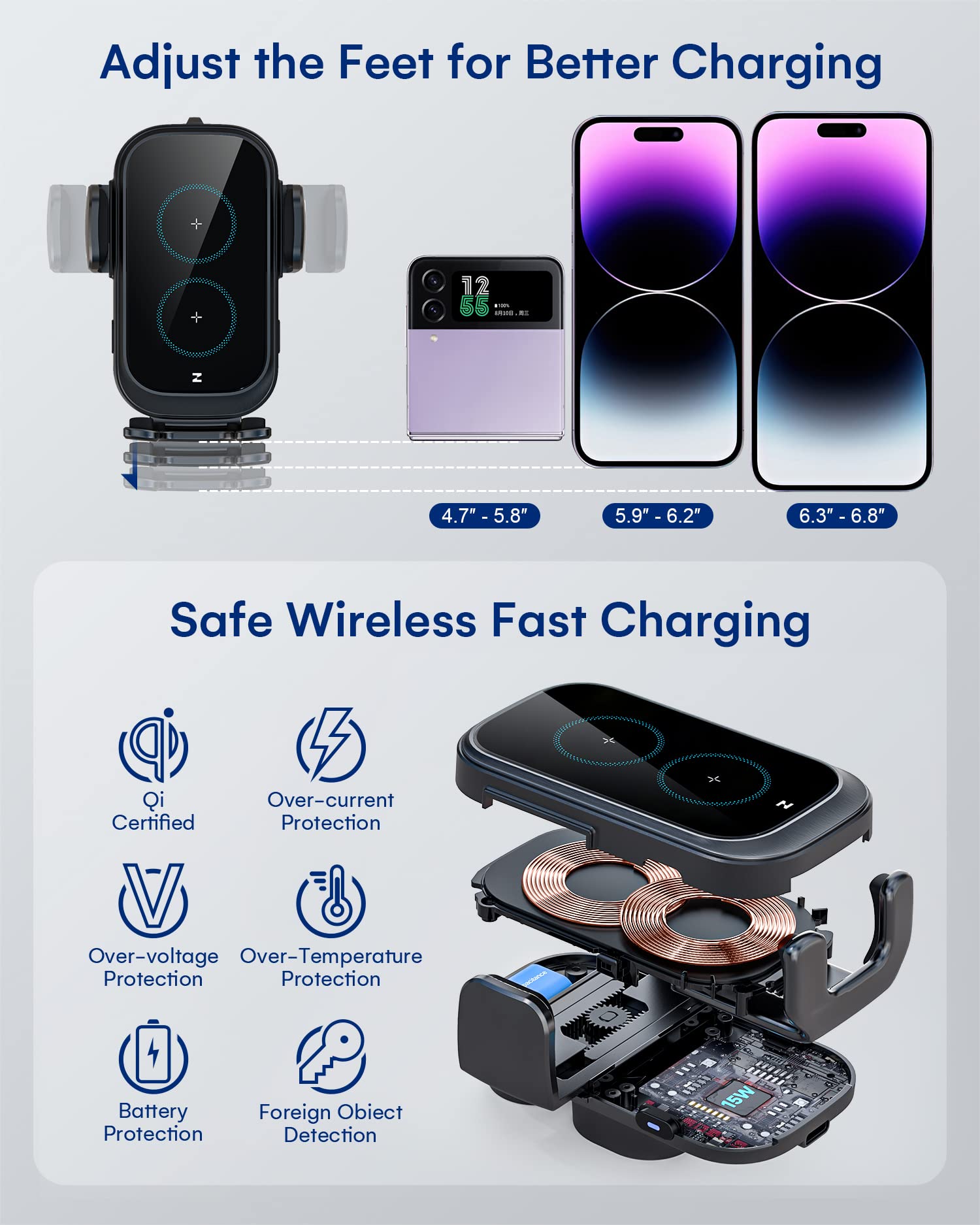 Wireless Car Charger, ZEEHOO DUOXX Dual Coils 15W Fast Charging Auto-Clamping Car Mount, Dash& Vent Wireless Car Phone Charger Holder for iPhone 15 14 13 12, Samsung Z Flip 4 3, S23+, etc