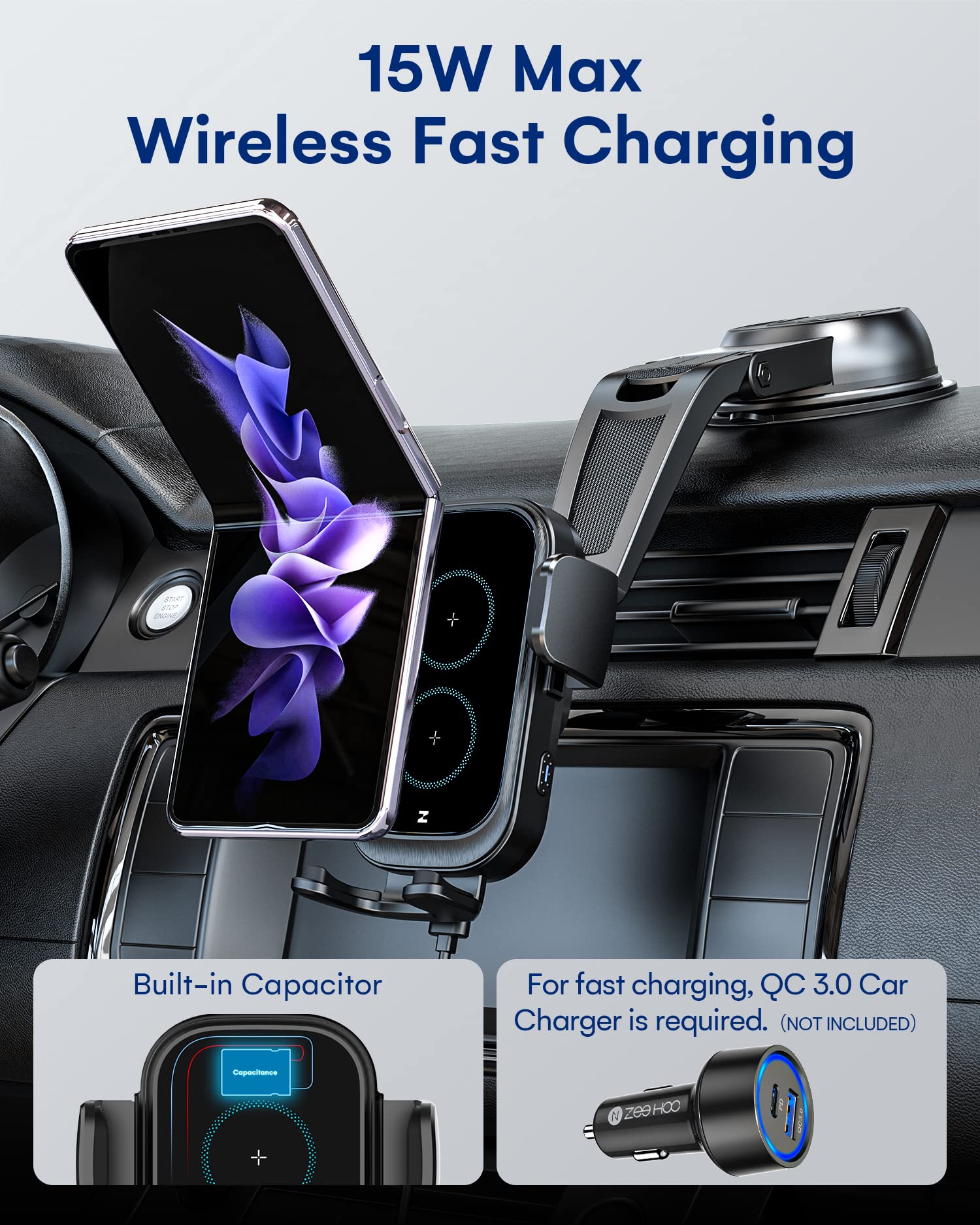 Wireless Car Charger, ZEEHOO DUOXX Dual Coils 15W Fast Charging Auto-Clamping Car Mount, Dash& Vent Wireless Car Phone Charger Holder for iPhone 15 14 13 12, Samsung Z Flip 4 3, S23+, etc