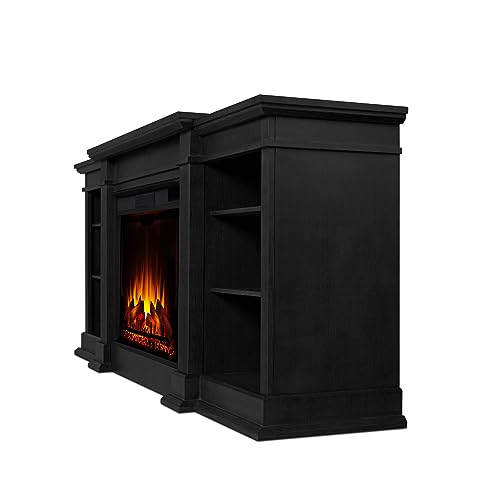 Real Flame Eliot Grand Electric Fireplace TV Stand, Solid Wood with Adjustable Shelves, Includes Mantel, Firebox & Remote Control, Black