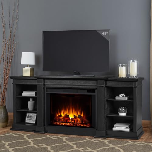 Real Flame Eliot Grand Electric Fireplace TV Stand, Solid Wood with Adjustable Shelves, Includes Mantel, Firebox & Remote Control, Black