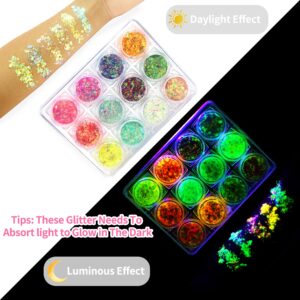 Glow in The Dark Face Body Glitter Gel - Christmas UV Black Light Glitter for Women Body/ Face/ Hair/Makeup/Nail Art, Luminous Glitter Festival Accessories Rave Carnival Party Supplies (12)