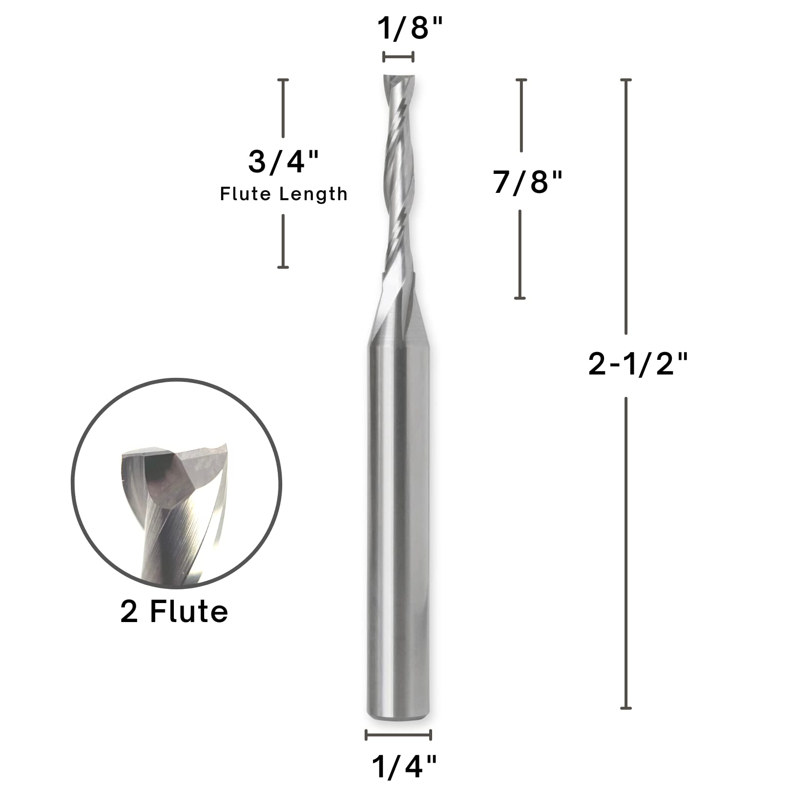 ROUTYBITS - 1/8 Diameter, Up Cut Bit, 1/4 in Dia Shank, 3/4 inch Cut Length, Solid Carbide, Spiral Endmill, CNC Router Bits