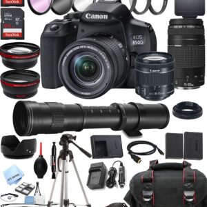 Canon EOS 850D (Rebel T8i) DSLR Camera w/EF-S 18-55mm F/4-5.6 is STM Zoom Lens + 75-300mm F/4-5.6 III Lens + 420-800mm Super Telephoto Lens + 128GB Memory + Case + Tripod + Filters (40pc Bundle)