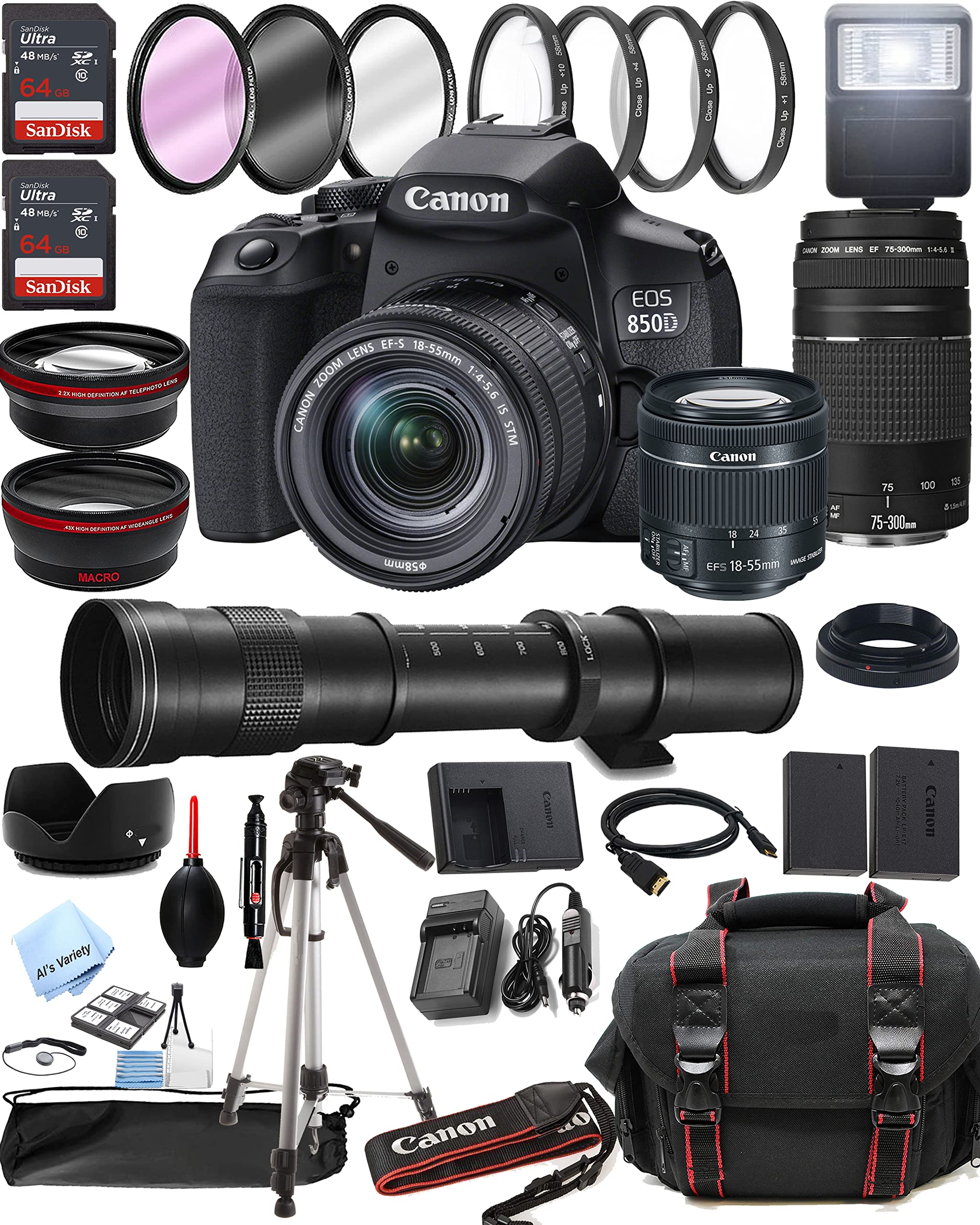 Canon EOS 850D (Rebel T8i) DSLR Camera w/EF-S 18-55mm F/4-5.6 is STM Zoom Lens + 75-300mm F/4-5.6 III Lens + 420-800mm Super Telephoto Lens + 128GB Memory + Case + Tripod + Filters (40pc Bundle)