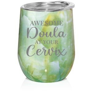 12 oz double wall vacuum insulated stainless steel stemless wine tumbler glass coffee travel mug with lid awesome doula at your cervix funny midwife labor pregnancy (turquoise green marble)