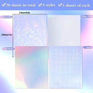 20 Sheets Holographic Printable Sticker Paper, 8.5x11 Inch Vinyl Sticker Paper for Inkjet & Laser Printer, Waterproof Dries Quickly Sticker Paper - Diamond/Rainbow/Glossy White/Star