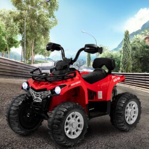 Costzon Kids ATV, 12V Battery Powered Electric Vehicle w/Music, Headlights, MP3, Spring Suspension, High & Low Speed, Treaded Tires, Storage Basket, Ride on 4 Wheeler Quad for 3-8 Years Old (Red)