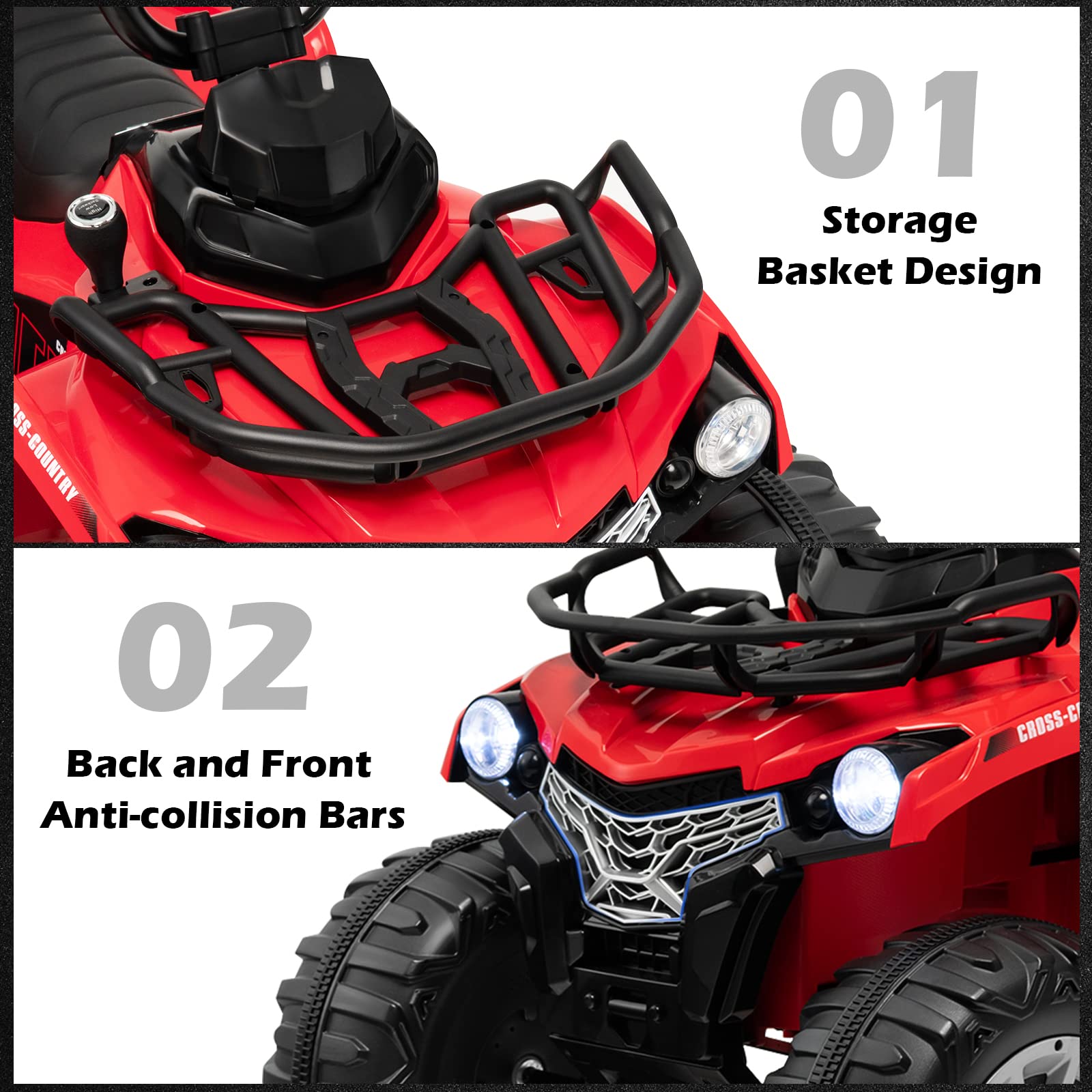 Costzon Kids ATV, 12V Battery Powered Electric Vehicle w/Music, Headlights, MP3, Spring Suspension, High & Low Speed, Treaded Tires, Storage Basket, Ride on 4 Wheeler Quad for 3-8 Years Old (Red)