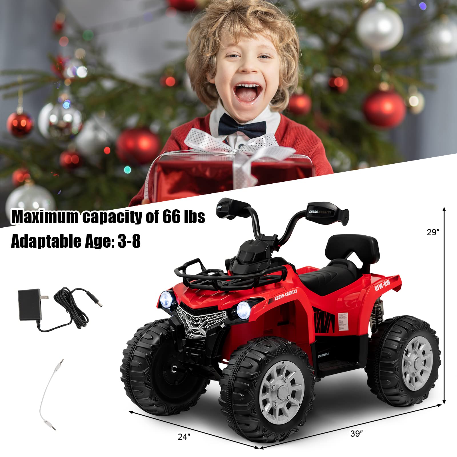 Costzon Kids ATV, 12V Battery Powered Electric Vehicle w/Music, Headlights, MP3, Spring Suspension, High & Low Speed, Treaded Tires, Storage Basket, Ride on 4 Wheeler Quad for 3-8 Years Old (Red)