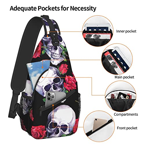 FyLybois Rose and Skull Sling Bag for Travel Crossbody Bags for Women Sling Backpack Outdoor Cycling Hiking