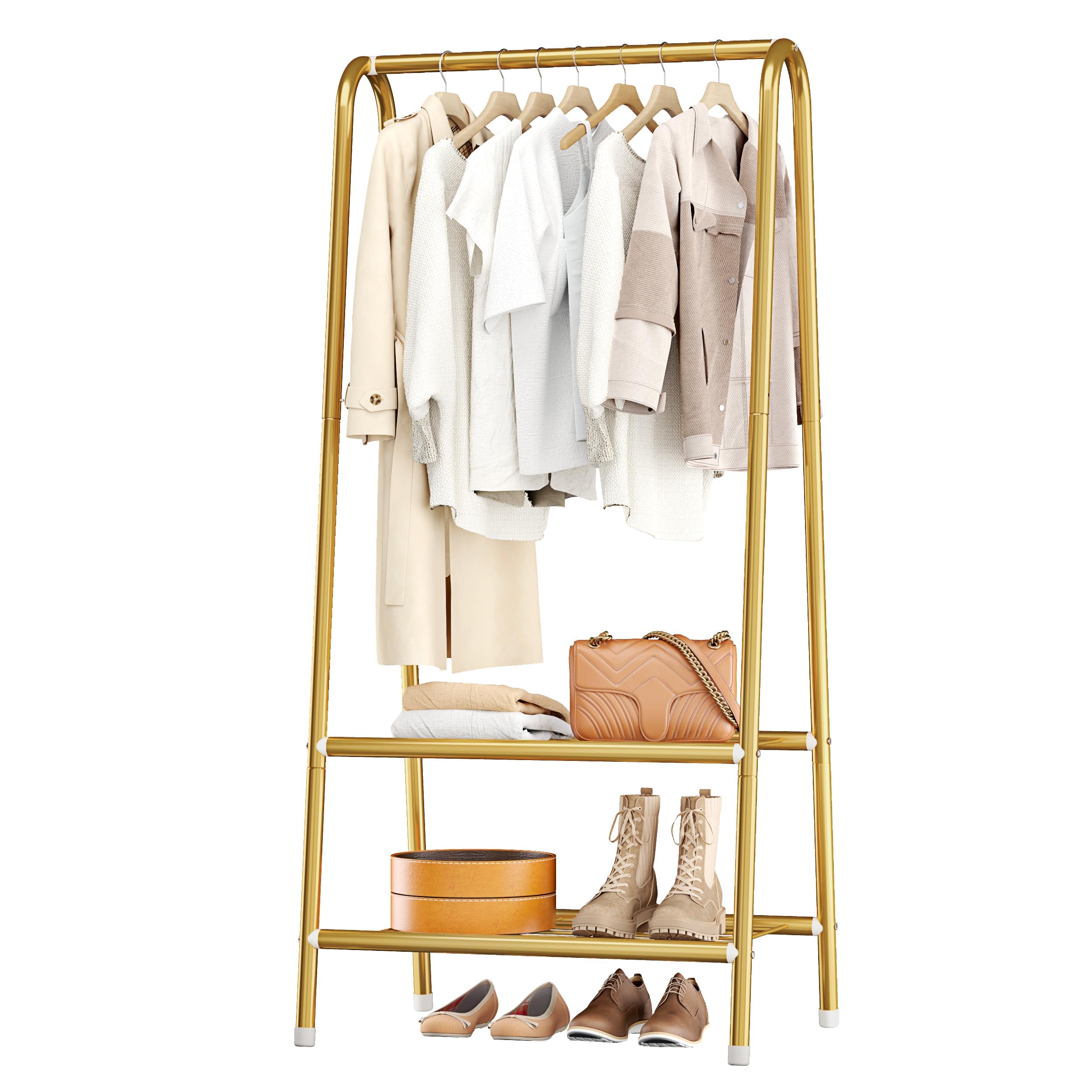 JOISCOPE Gold Metal Clothes Rack, Sturdy and Portable, with Double Layer Shelf for Hanging and Storing Clothes, Shoes, Bags, Umbrellas, Bedroom, Office, Living Room