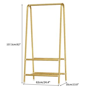 JOISCOPE Gold Metal Clothes Rack, Sturdy and Portable, with Double Layer Shelf for Hanging and Storing Clothes, Shoes, Bags, Umbrellas, Bedroom, Office, Living Room