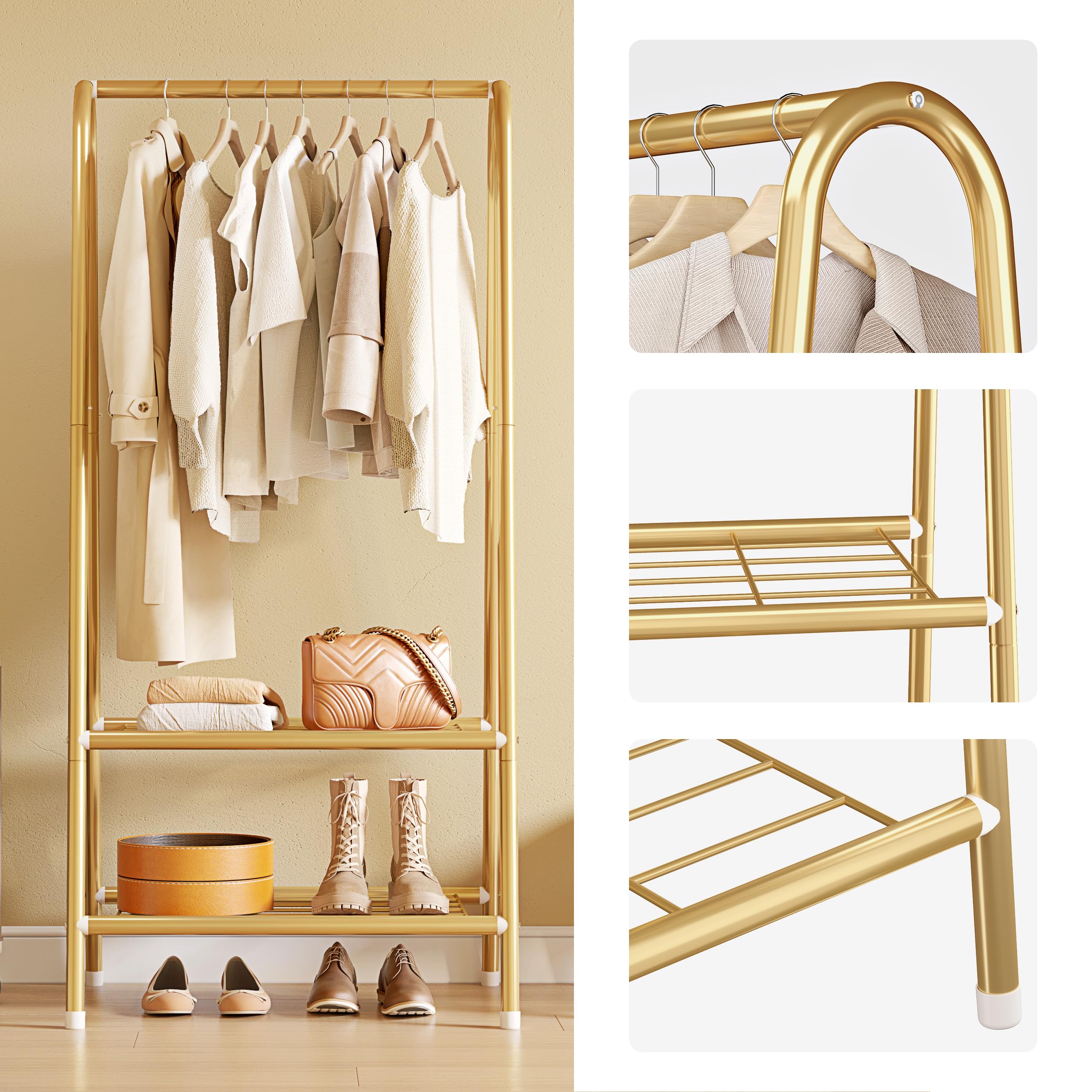 JOISCOPE Gold Metal Clothes Rack, Sturdy and Portable, with Double Layer Shelf for Hanging and Storing Clothes, Shoes, Bags, Umbrellas, Bedroom, Office, Living Room