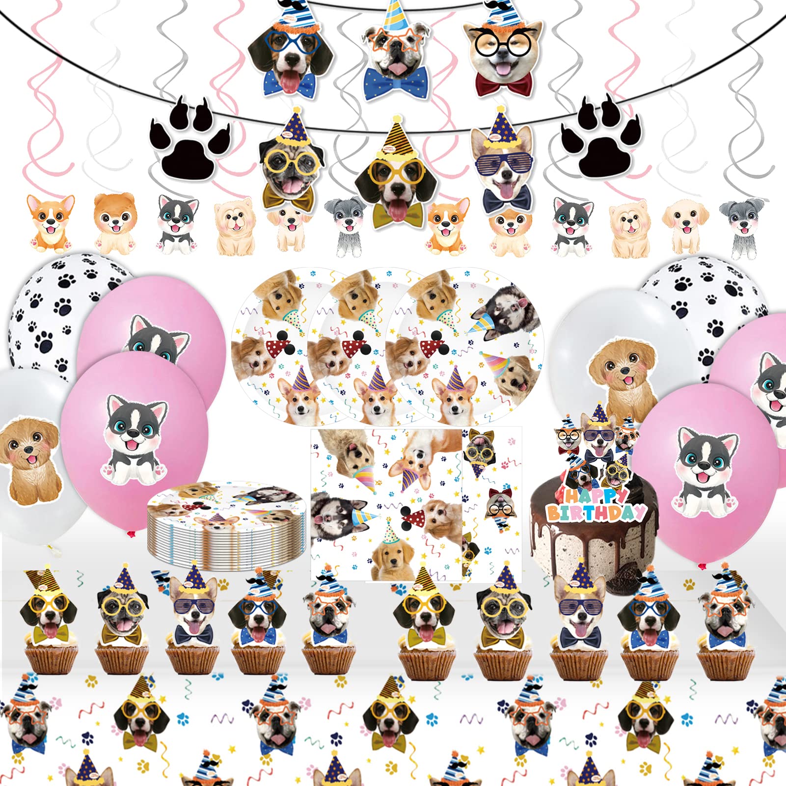 Juhap Dog Birthday Party Supplies, Puppy Birthday Party Decorations for Kids Includes Plates, Napkins, Table Covers, Cake Toppers, Balloons, Dog Banners, Swirls for Baby Shower Theme Party Decorations