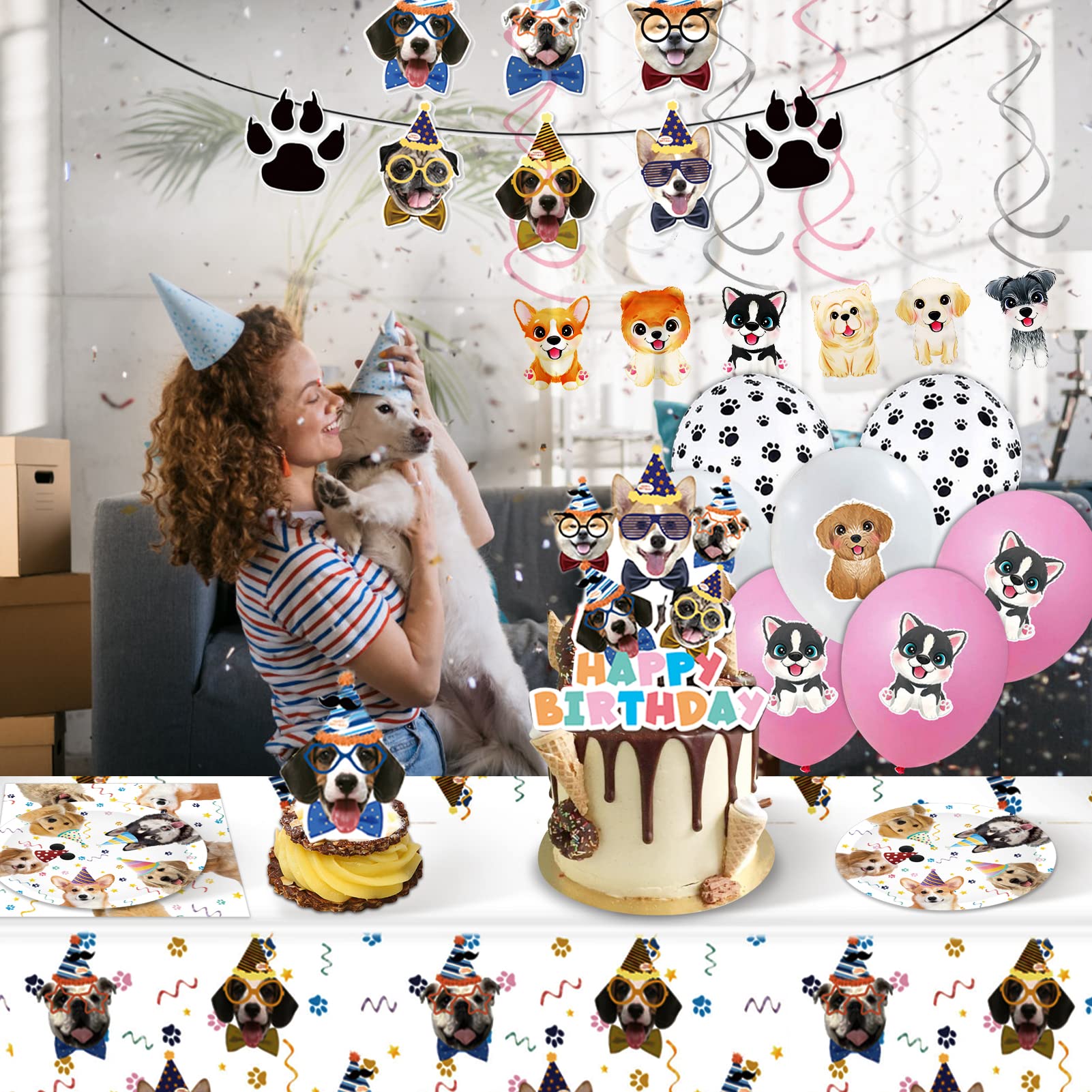 Juhap Dog Birthday Party Supplies, Puppy Birthday Party Decorations for Kids Includes Plates, Napkins, Table Covers, Cake Toppers, Balloons, Dog Banners, Swirls for Baby Shower Theme Party Decorations