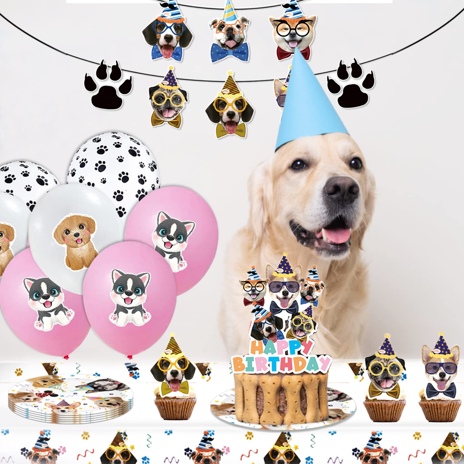 Juhap Dog Birthday Party Supplies, Puppy Birthday Party Decorations for Kids Includes Plates, Napkins, Table Covers, Cake Toppers, Balloons, Dog Banners, Swirls for Baby Shower Theme Party Decorations