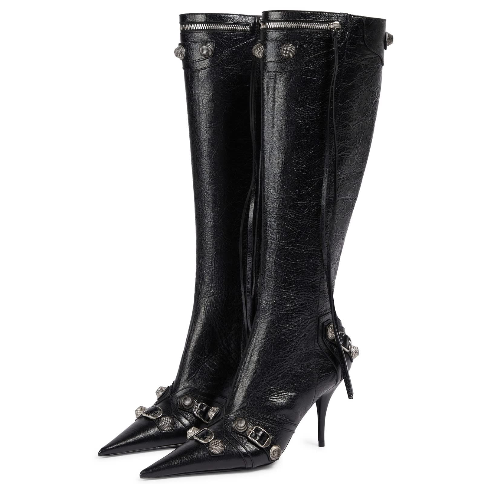 Kluolandi Women's Stiletto High Heel Knee High Boots with Tassel Pointed Toe Studded Zipper Black Boots for Women Size 7