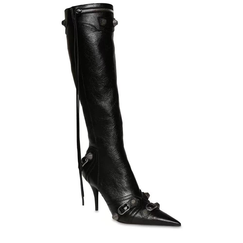 Kluolandi Women's Stiletto High Heel Knee High Boots with Tassel Pointed Toe Studded Zipper Black Boots for Women Size 7