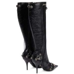 Kluolandi Women's Stiletto High Heel Knee High Boots with Tassel Pointed Toe Studded Zipper Black Boots for Women Size 7