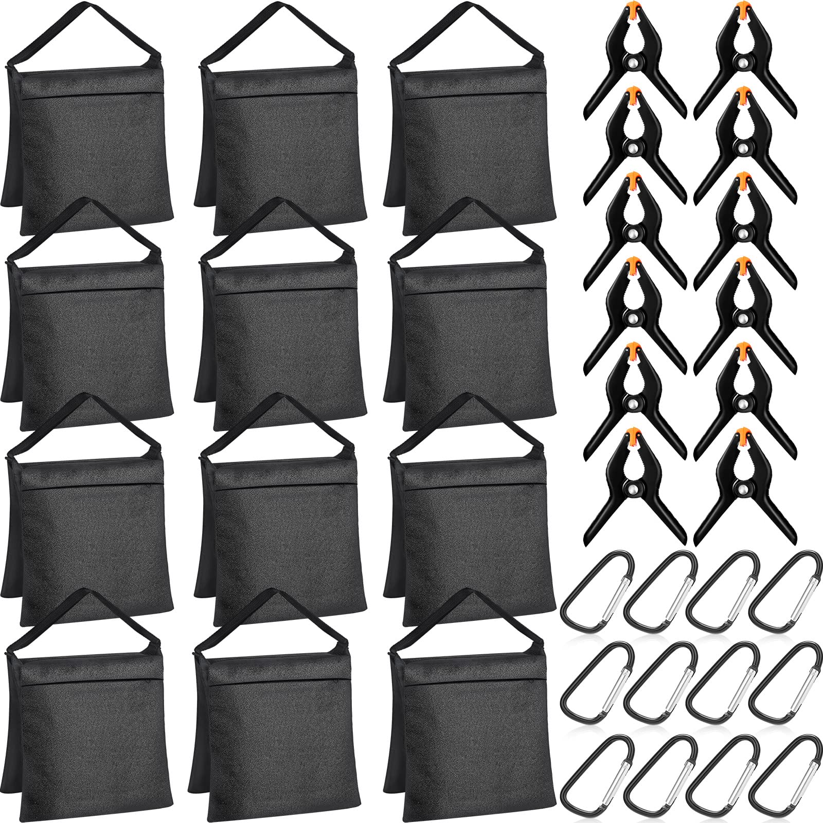 Hoteam 12 Sets Sandbag Outdoor Curtain Weighted Bags Sets with Spring Clamps, Hooks for Light Brackets, Heavy Photography Light Stand Tripod for Fixed Brackets Sports Outdoor Photo Video