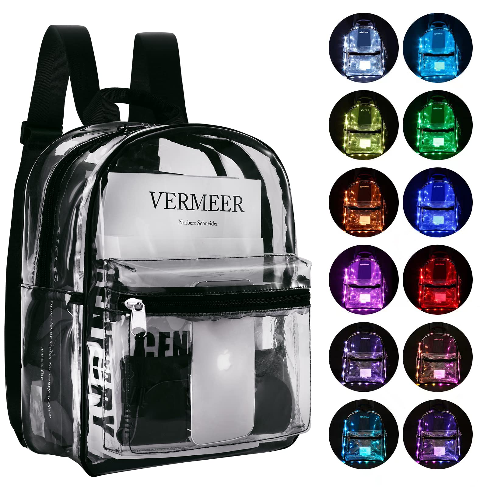 yisibo LED Strip Lights Clear Backpack,8 RGB Colors with 10 Flashing Mode,4 Music Mode and 4 Timer,TPU Transparent Waterproof Heavy Duty See Through Backpack for School,Music Festival,Stadium Approved