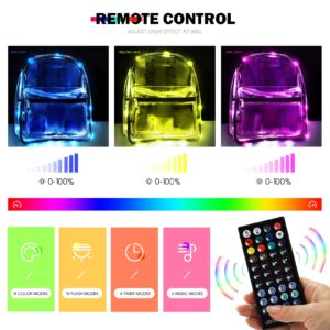 yisibo LED Strip Lights Clear Backpack,8 RGB Colors with 10 Flashing Mode,4 Music Mode and 4 Timer,TPU Transparent Waterproof Heavy Duty See Through Backpack for School,Music Festival,Stadium Approved