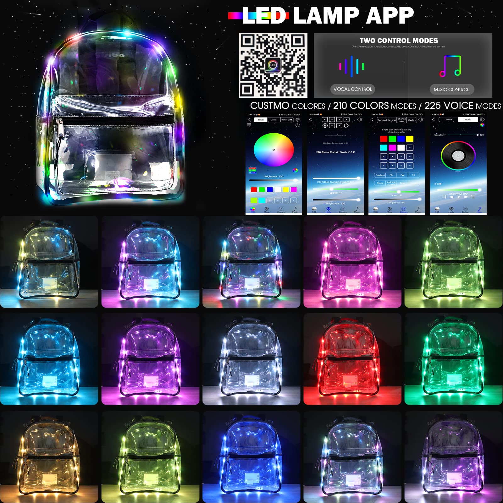 yisibo LED Strip Lights Clear Backpack,8 RGB Colors with 10 Flashing Mode,4 Music Mode and 4 Timer,TPU Transparent Waterproof Heavy Duty See Through Backpack for School,Music Festival,Stadium Approved