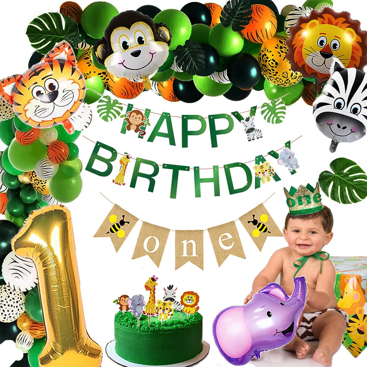 Tsoifu Safari 1st Birthday Decorations for Boy Wild One Backdorp Happy Birthday Banner Jungle Themed Tablecloth Balloon Garland Kit