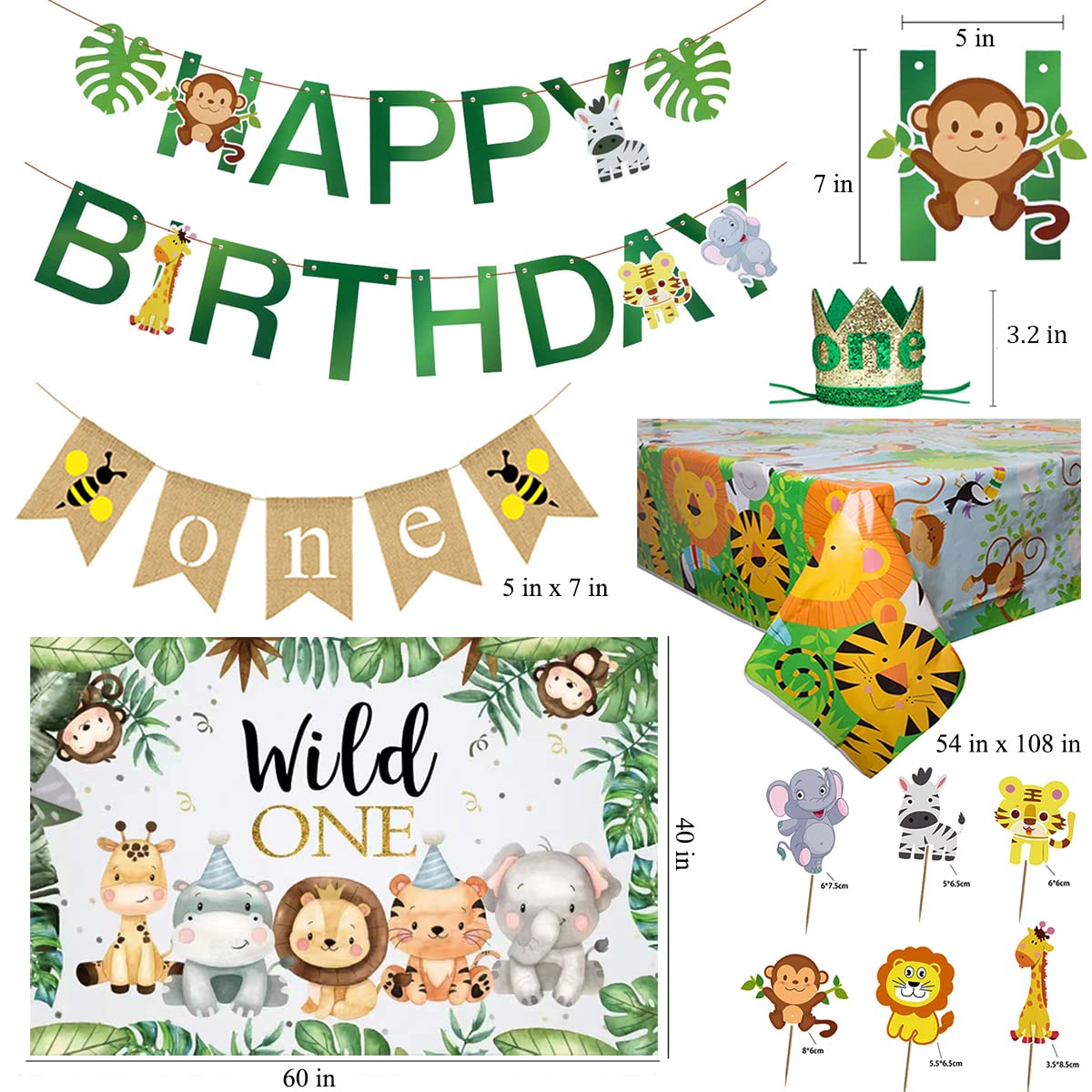 Tsoifu Safari 1st Birthday Decorations for Boy Wild One Backdorp Happy Birthday Banner Jungle Themed Tablecloth Balloon Garland Kit