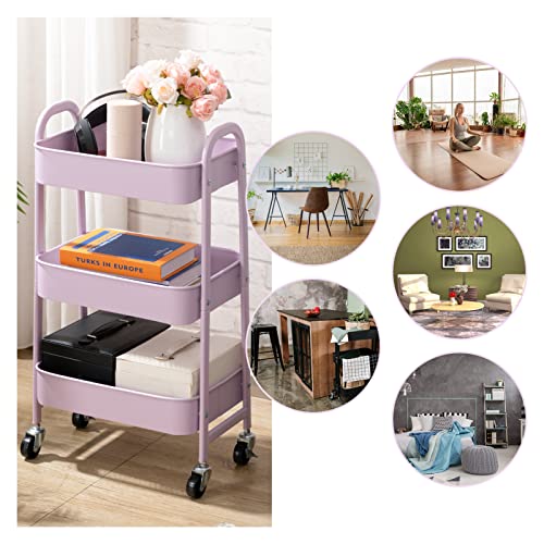 AGTEK Makeup Cart, Movable Rolling Organizer Cart, 3 Tier Metal Utility Cart with Lockable Wheels for Home & Office, Purple