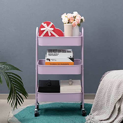 AGTEK Makeup Cart, Movable Rolling Organizer Cart, 3 Tier Metal Utility Cart with Lockable Wheels for Home & Office, Purple